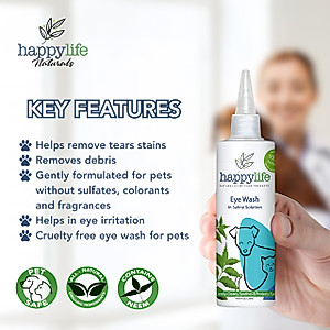 Happy Life Naturals-Dog Eye Wash Solution- Premium Eye Drops for Dogs and All kinds of Pets- Dog Eye Drops for Infection, Clears Tear Stains, Soothes Irritations- Neem Extract, Saline Solution - 120ml