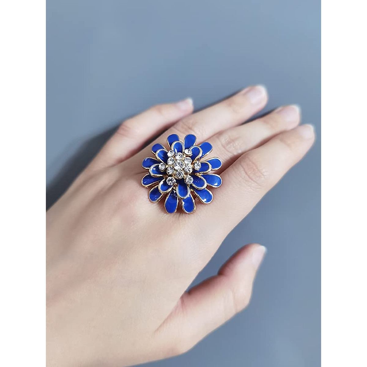 Vintage CZ Daisy Flower Promise Ring for Women Gold Plated Cubic Zirconia Enamel Leaf Cluster Expandable Adjustable Exaggerated Open Band Finger Rings Comfort Fit Party Wedding Jewelry Gift