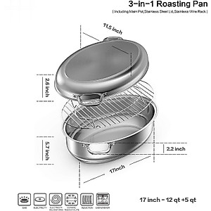 Roasting Pan with Rack and Lid 12 Quart 18/10 Stainless Steel 17 Inch Roaster