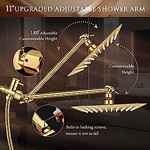 High Pressure Rainfall Shower Head/Handheld Shower Combo with 11" Adjustable Extension Arm, 5 Spray Settings Shower Heads with 60" Hose Anti-leak (Gold), 10"