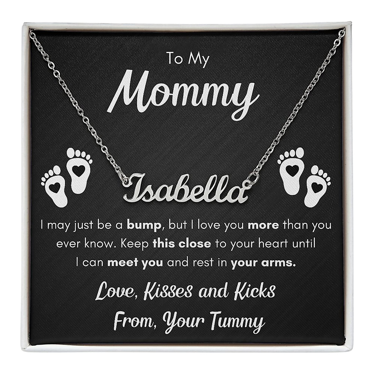 Name Necklace Baby Feet Heart Necklace Baby Gift Set To My Mommy Necklaces For Women Gifts for New Mom Baby Shower Gifts for Mom To Be Pregnancy Gifts for First Time Pregnant Moms Christmas Gift for Wife (Standard Box, Baby Bump Custom Name)