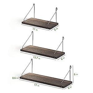 Floating Shelves Rustic Solid Wood Floating Shelf Wall Storage Shelves, Rustic Wall Shelf with Wire Hanging Brackets ,Set of 3 (11in + 13.5in + 17in, Dark Brown)