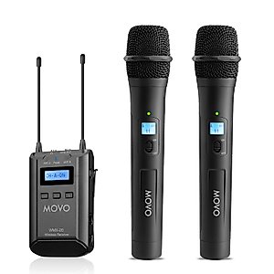Movo 48-Channel UHF Wireless Microphone System with 2 Wireless Microphones and Receiver - Condenser Microphone Bundle for Interviews and Performances - Podcast Equipment Bundle for 2