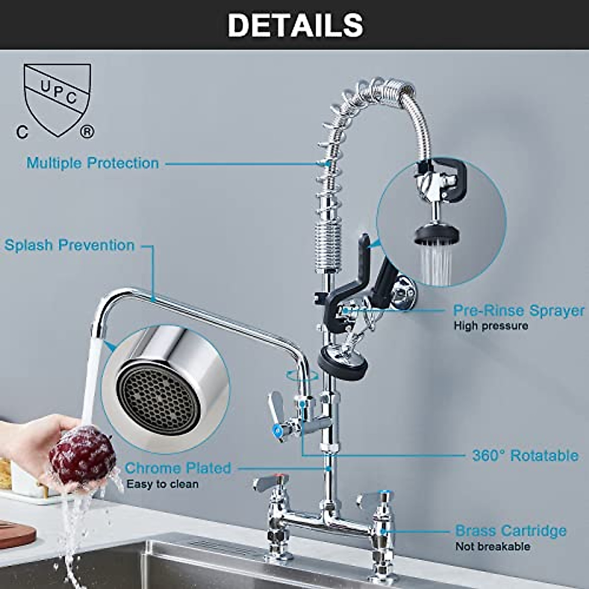 Favorpo Commercial Sink Faucets with Pull Down Sprayer 24"Pre-Rinse Height Deck Mount Kitchen Faucet Brass Constructed Polished Chrome 8" Center Faucet with 10" Add-on Spout for 3 Compartment Sink