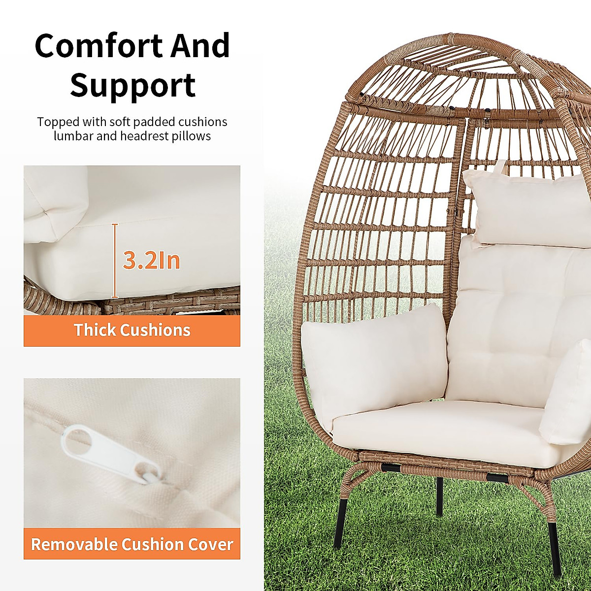 Wicker Patio Egg Chair Outdoor,Outdoor Furniture Chair,Rattan Papasan Chair with Removable Cushion Oversized Outdoor Egg Chair for Bedroom,Backyard,Living Room,Poolside,Patio,Hold up to 350 LBS,White