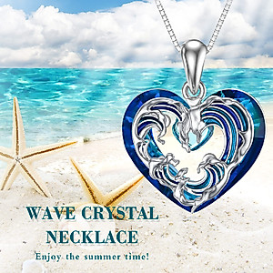 Shusukue Wave Necklace 925 Sterling Silver Heart Blue Crystal Necklace Surfer Beach Jewelry Gifts Ocean Summer Jewelry Gifts for Women