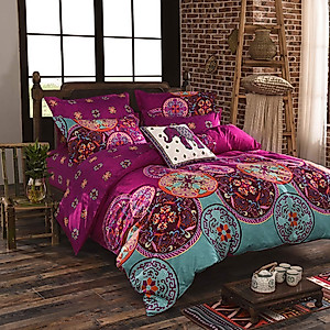 DasyFly 4PCS Bohemian Bedding Lightweight Microfiber Boho Duvet Cover Set Full Queen Size Rose Red Floral Bedding Mandala Duvet Cover with Zipper