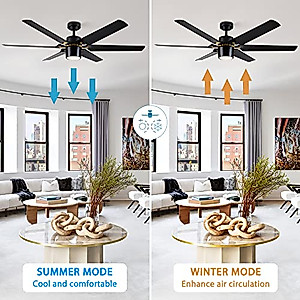 60 inch Large Ceiling Fan with Light and Remote, Modern Black Ceiling Fans with Gold Alloy, Dimmable 3-Color Temperature Reversible Blades 6 Speed Quiet DC Motor for Bedroom Living Room Hall etc