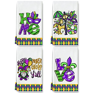 AnyDesign Mardi Gras Kitchen Dish Towel Purple Green Diamond Lattice Print Kitchen Towel 18 x 28 Inch Home Love Gnome Hand Drying Tea Towel for Carnival Cooking Baking Cleaning Wipes, 4Pcs