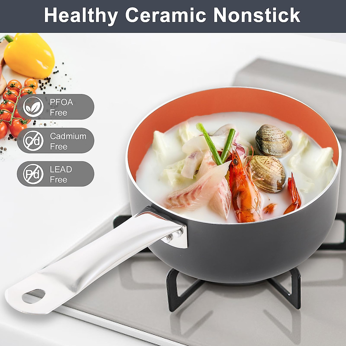 Pots and Pans Set Ultra Nonstick, Pre-assembled 7 Piece Cookware Set with Ceramic Coating, Oven Safe Handle & Premium Utensils, Gas/Induction Compatible, Dishwasher Safe & 100% PFOA Free, Dark gray