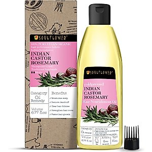 Soulflower Rosemary Castor Hair Oil for Hair Growth, Hairfall Control, For Dry, Damaged, Curly, Coily, Frizzy & Beard Hair - 100% Pure, Vegan,Ecocert Cosmos Organic Certified, 6.77 fl oz