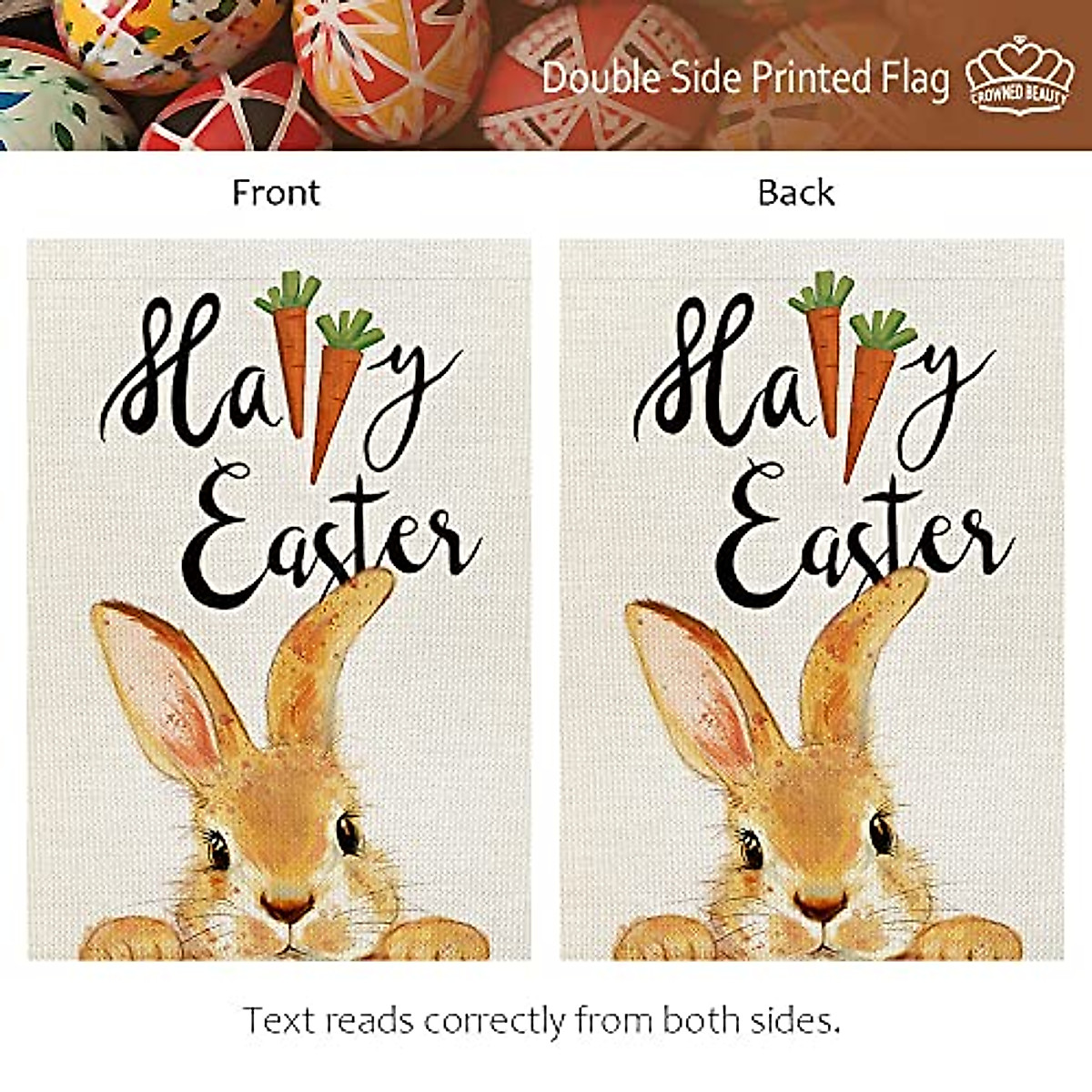 CROWNED BEAUTY Happy Easter Bunny Garden Flag 12x18 Inch Double Sided for Outside Burlap Small Yard Holiday Decoration CF697-12