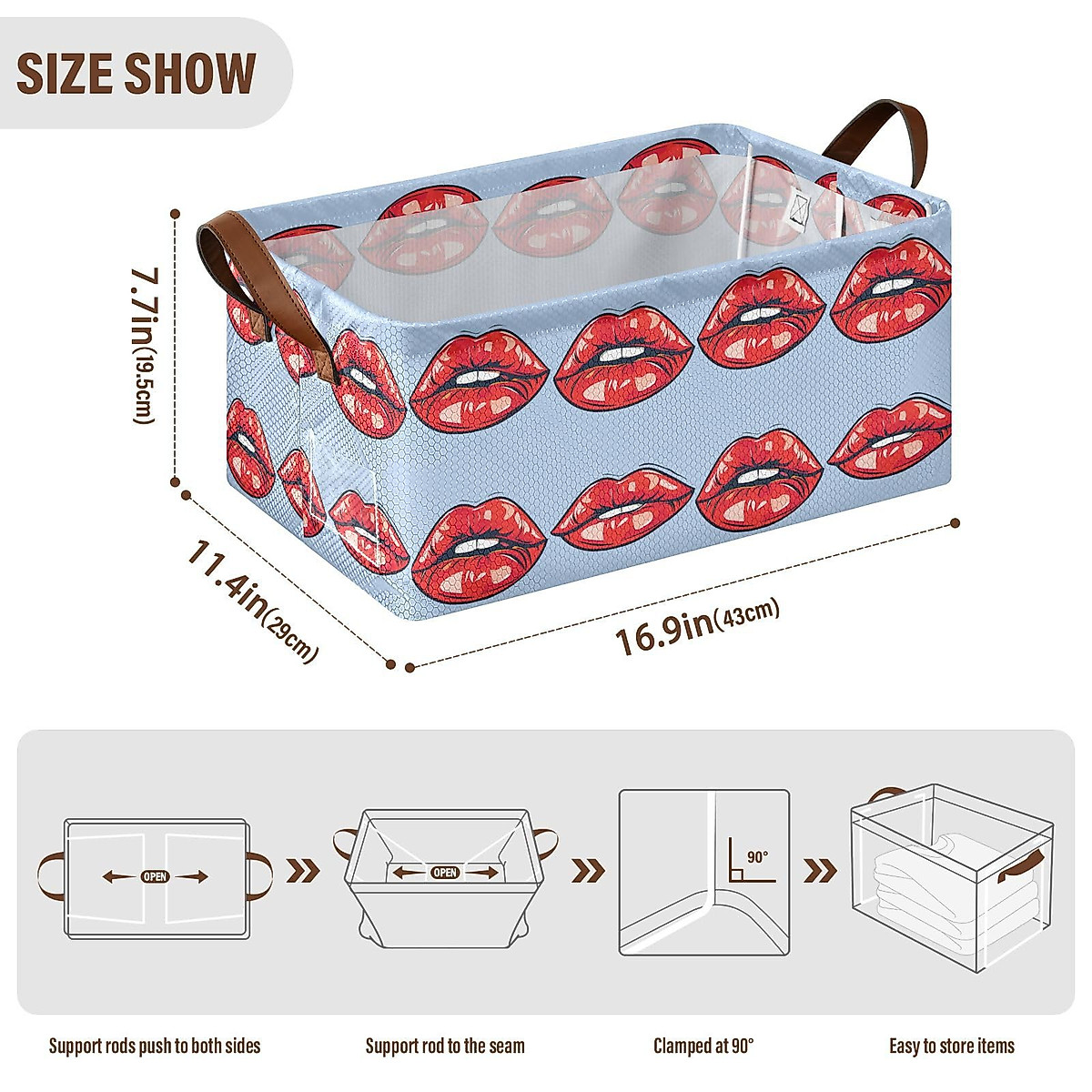 ALAZA Red Lips Fabric Storage Bins Collapsible Storage Cube Organizer Basket with Handles for Shelves Colset Wardrobe Organizition