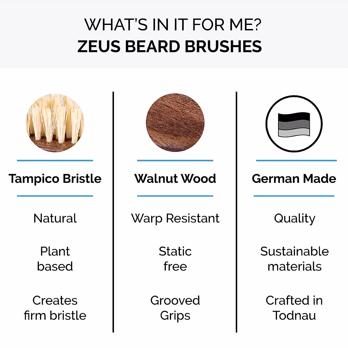 ZEUS Vegan Pocket Beard Brush, Natural Plant Fiber Tampico Bristles and Walnut Handle – MADE IN GERMANY (FIRM) N73