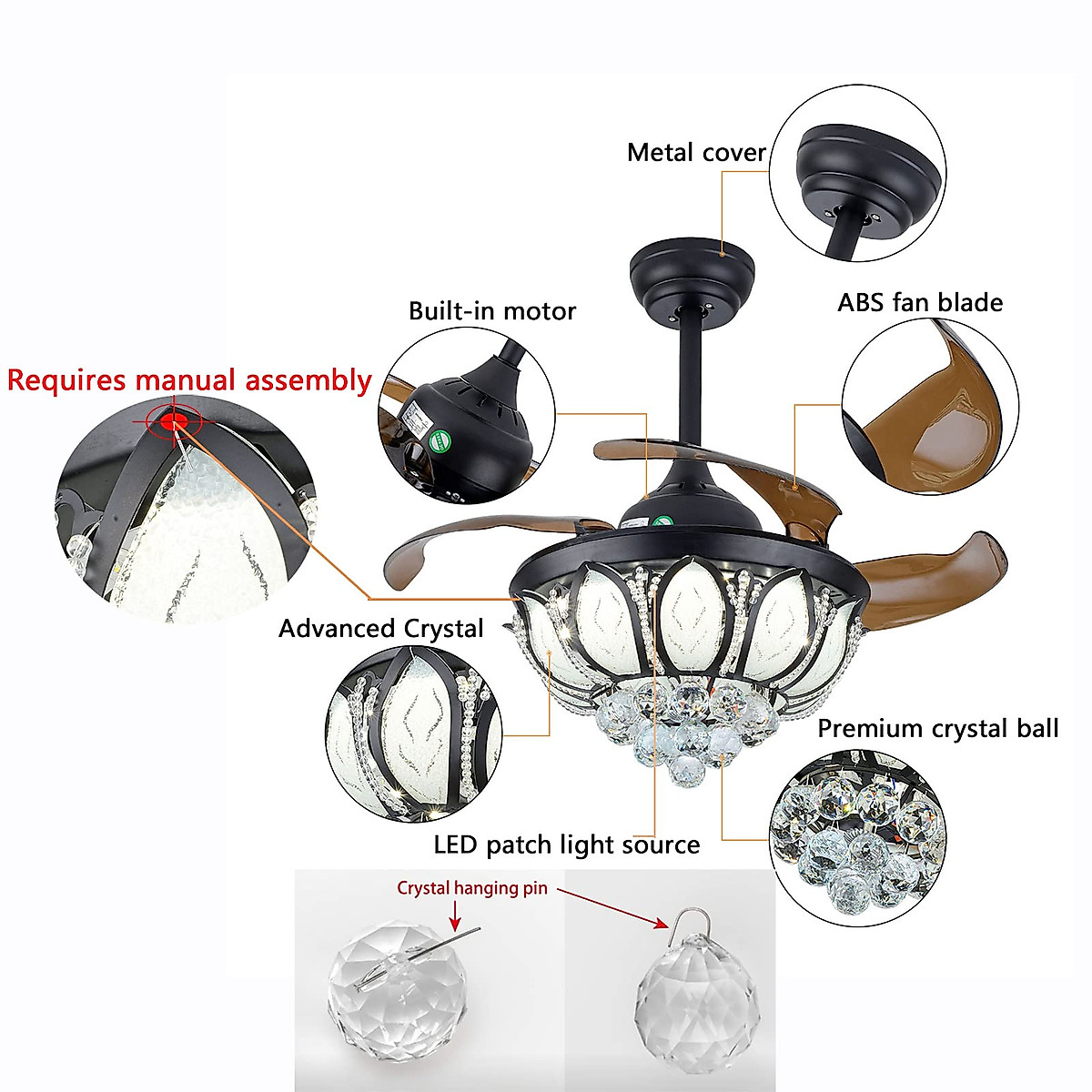 DYRABREST Invisible Ceiling Fan with Retractable Blades and Remote Control 36inch Ceiling Fan Light Covers Crystal Chandelier Fan Light Bladeless Ceiling Fan for Livingroom Bedroom Home (36 inch)