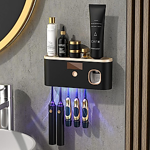 Toothbrush Holders Wall Mounted for Bathrooms, Toothbrush Holder with Automatic Toothpaste Dispenser, Electric Toothbrush Holder with Solar Charging, Toothbrush Organizer with 5 Brush Slots (Black)