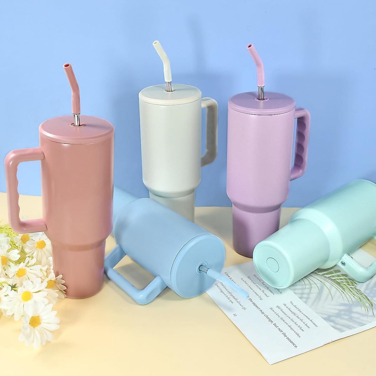 AGH 40 oz Sublimation Tumbler with Handle 4-Pack Stainless Steel Insulated Tumblers Blanks Water Bottle Travel Cups Matte Beige