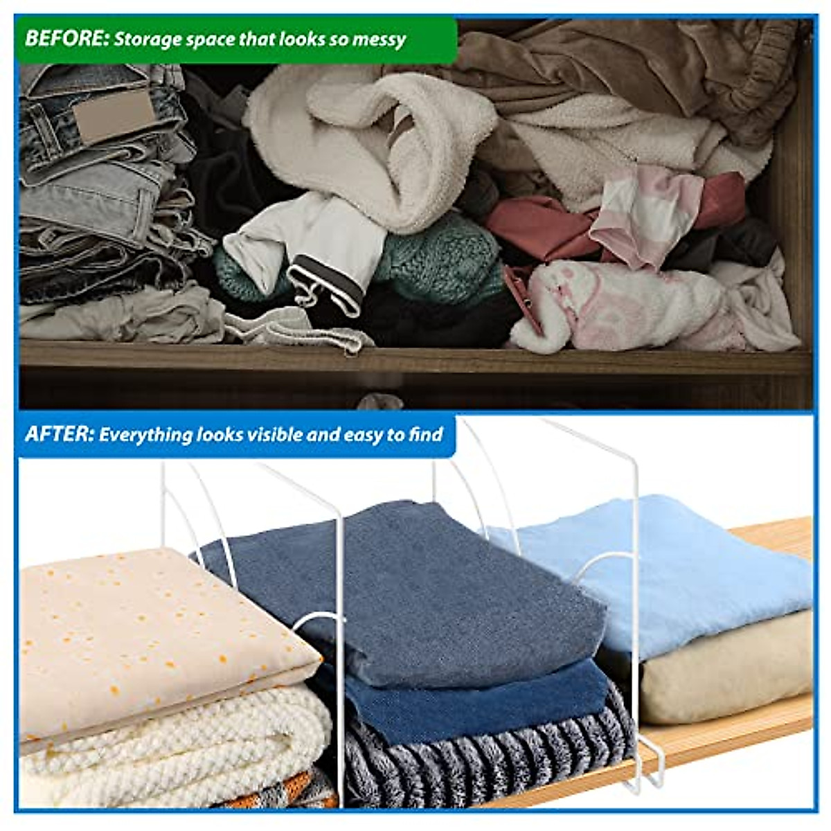 Shelf Dividers for Closet Organization Closet Shelf Divider for Wood Shelves Metal Closet Shelf Separators for Clothes Book Wardrobe, 6 Pack (White)