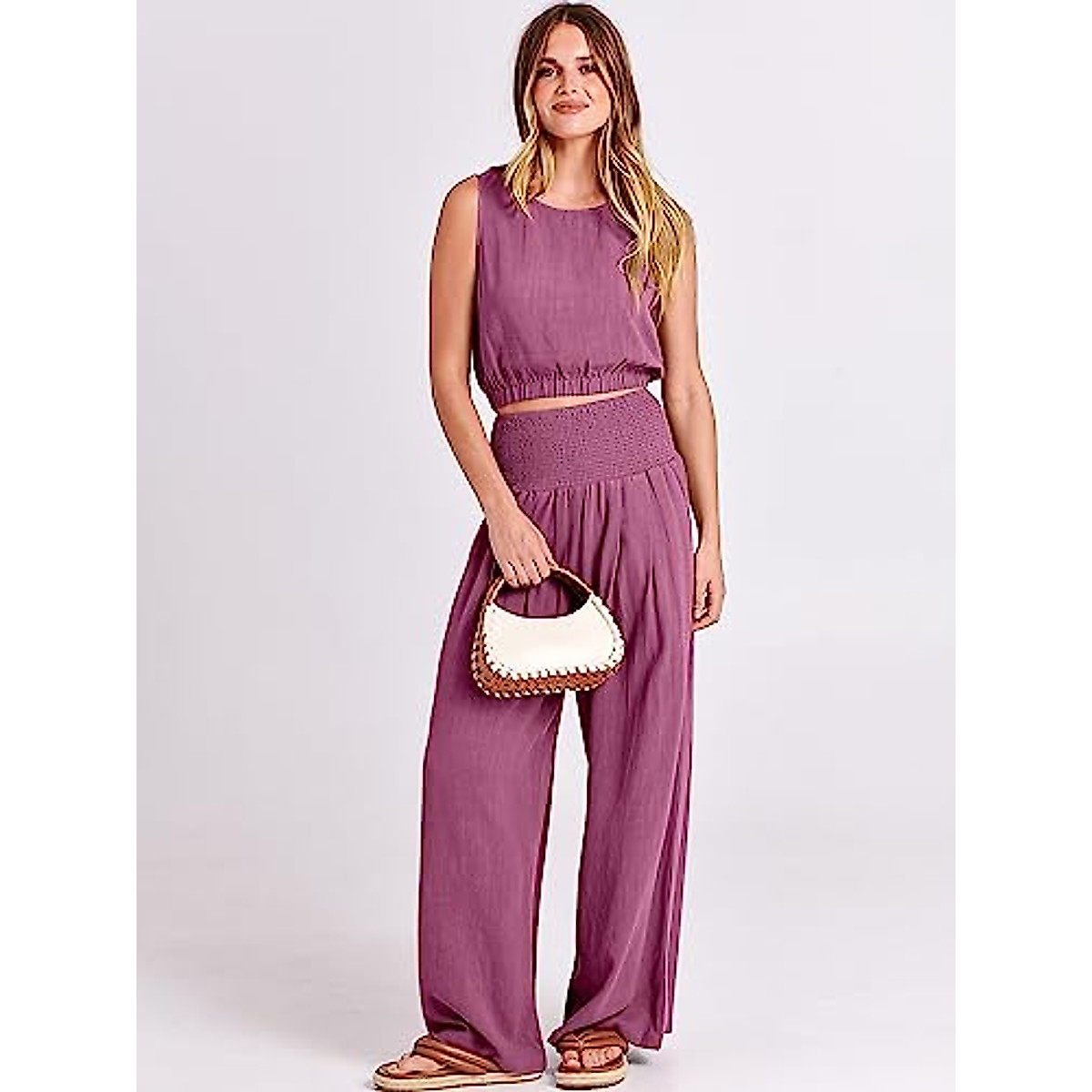 ANRABESS Women's 2 Piece Linen Lounge Set Casual Matching Pants Jumpsuit Summer Beach Travel Vacation Trendy Outfits X-Large