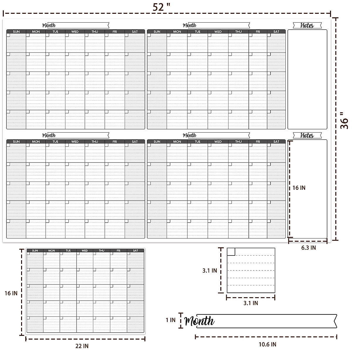 Large Dry Erase Calendar for Wall - Undated 4 Months Wall Calendar, Dry Erase Calendar, 52" x 36", Yearly Wall Calendar Dry Erase for Office, Home