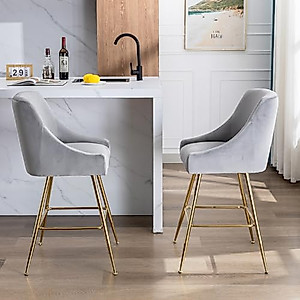 Restworld Velvet Bar Chair Set of 2, Furniture Series Modern Decoration, Polished Gold Metal Legs
