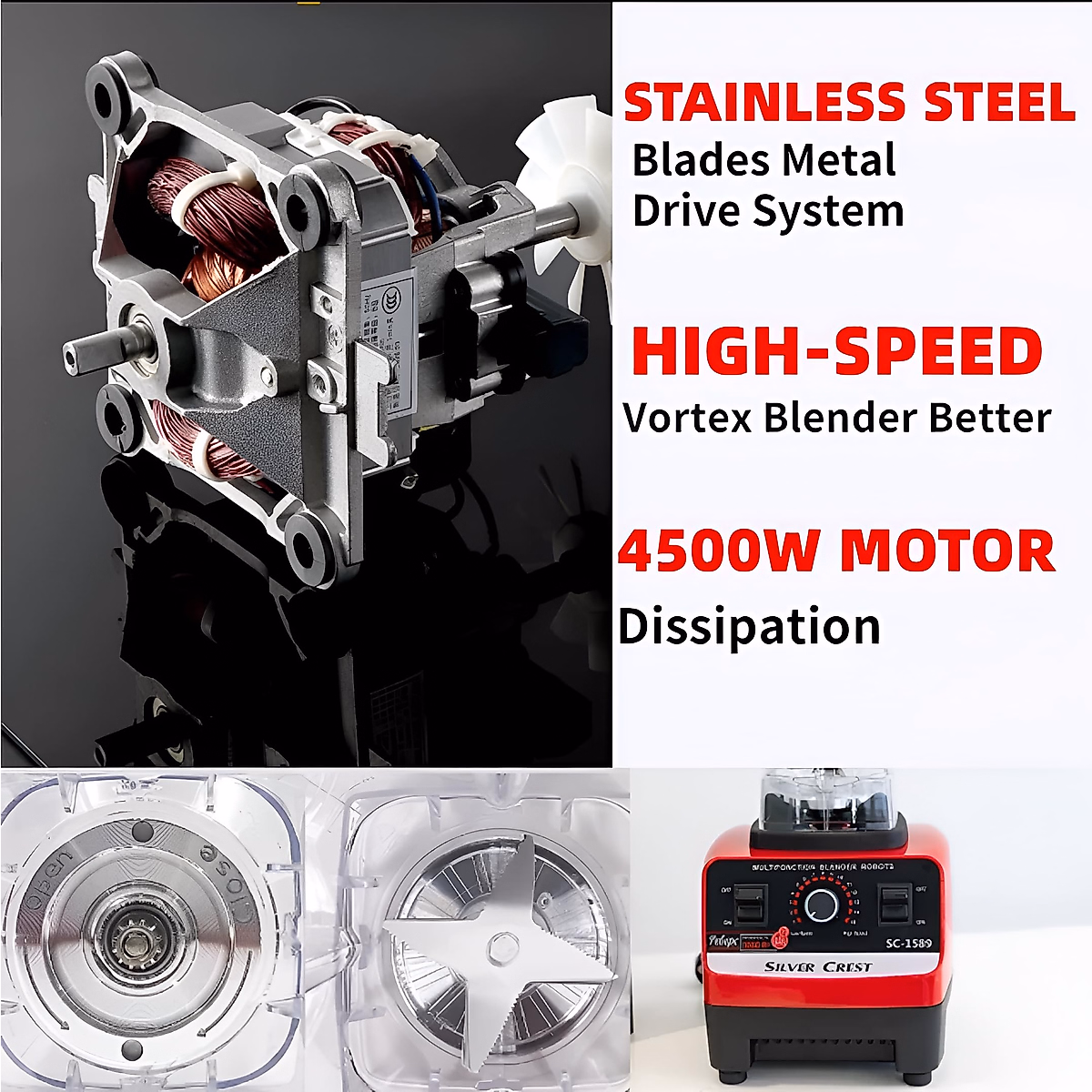 Generic Silver Crest Blender 4500W 2L Large Capacity Commercial With Mixer Grinder Heavy Duty Machine Portable Ice Smoothie Blenders, Medium, Red& Black, JWS-801PP