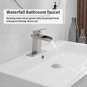BWE Waterfall Bathroom Faucet Brushed Nickel with Pop Up Drain Stopper Assembly and Supply Line Single Handle for Sink One Hole Faucets Vanity Lavatory Mixer Tap