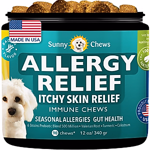 SUNNYCHEWS Allergy Relief for Dogs Itching| Dog Allergy Chews with Probiotics| Seasonal Allergy Support for Dogs| Allergy Immunity for Dogs| Help Relieve Skin, Itch Relief for Dogs| Bacon 90Chews 12oz