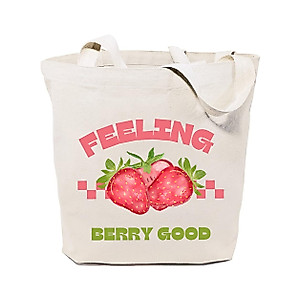 GXVUIS Feeling Berry Good Canvas Tote Bag for Women Aesthetic Cute Strawberry Reusable Grocery Shopping Bags Girls Gifts White