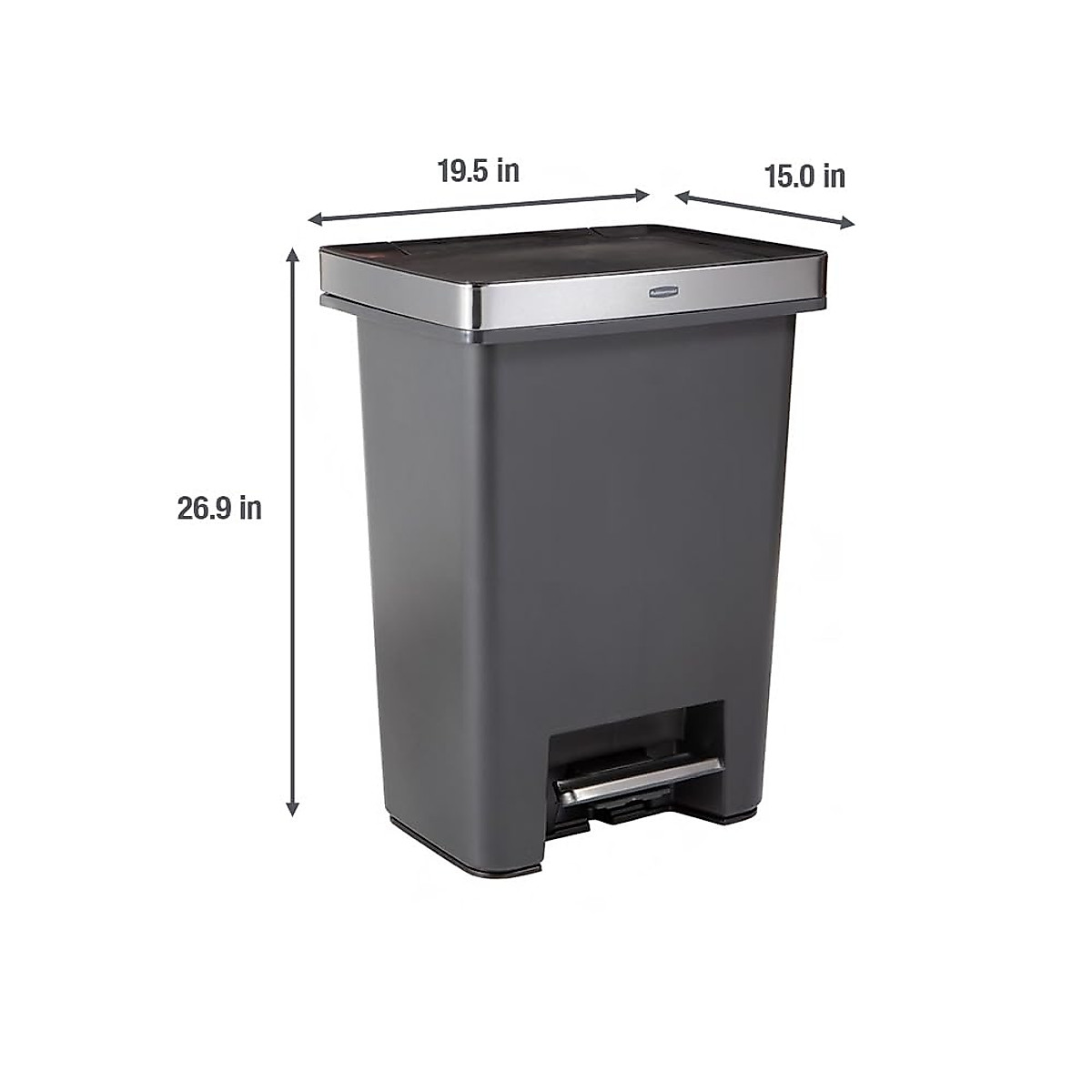 Rubbermaid Premier High-Capacity Step-On Trash Can, 19 Gallon, Single or Dual Stream Trash or Recycling, Charcoal, Stainless-Steel Rim, Lid Lock, Quiet Lid, for Home/Kitchen/Garage/Apartment/Office