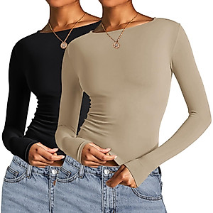 AKEWEI Women's Boat Neck Top Long Sleeve Tight Crop Tshirt Basic Slim Fit Tops Thermal Fitted Undershirt (Black&Khaki, S)