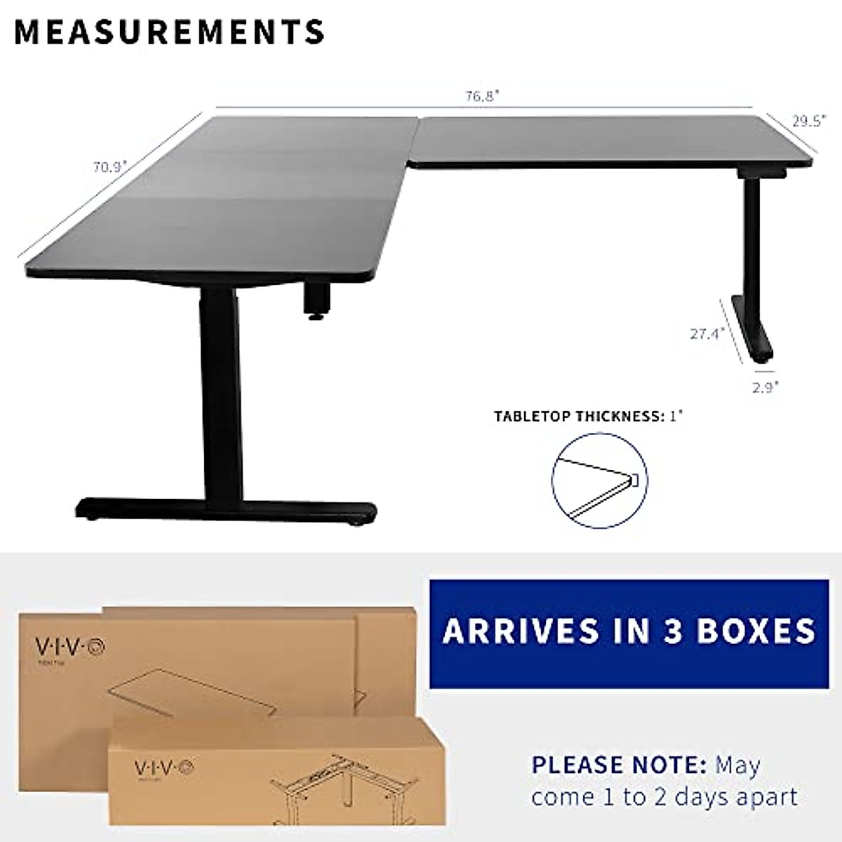 VIVO Electric Height Adjustable 77 x 71 inch Corner Stand Up Desk, 2 Black 30 inch Deep Table Tops, Black Frame, Memory Controller, L-Shaped Standing Workstation, DESK-KIT-3E7B