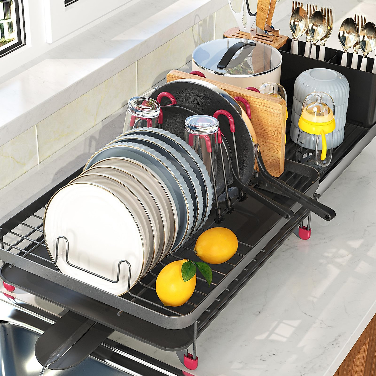 TOOLF Expandable Dish Drying Rack, Large Capacity Dish Drainer with Drainboard, Dish Rack for Kitchen, Anti-Rust Plate Rack with Glass Holder and Utensil Holder.