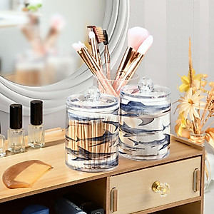 GOODOLD Cute Sharks Qtip Holder 2 Pack - 10 Oz Clear Plastic Apothecary Jar Set for Bathroom Organization - Versatile Canister Storage for Cotton Balls, Swabs, Rounds