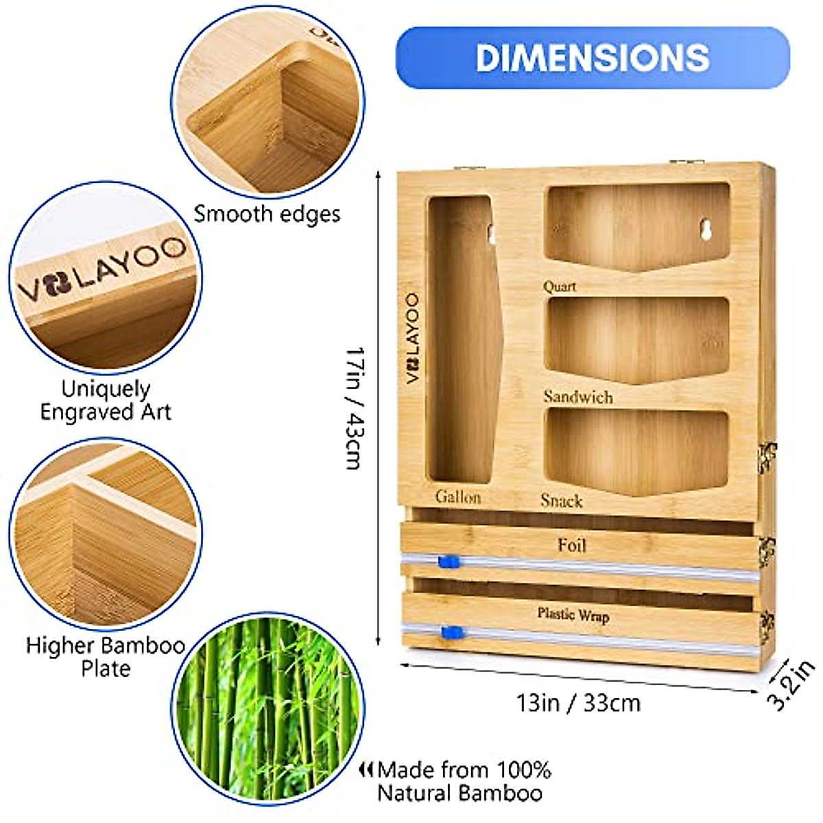VOLAYOO Drawer organizer for Ziplock Bags and Foil, Organize Your Kitchen Drawer with a Storage Bag Organizer for Ziplock Bags, Foil, Plastic Wrap, 7 in 1 Zip Lock Bamboo Bag organizer for Brawer & Bandwich Bag Holder