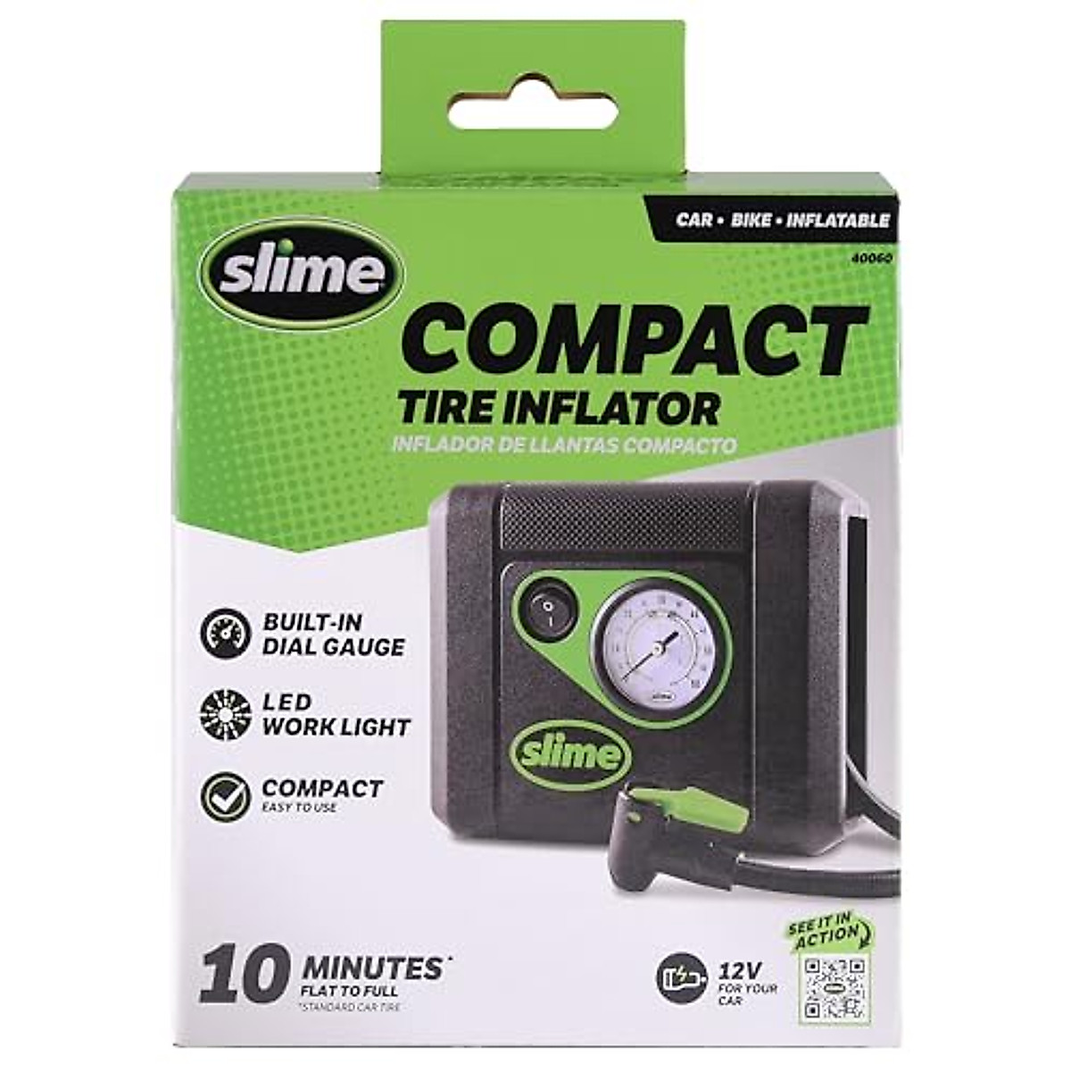 Slime 40060 Tire Inflator, Compact, Portable Car Air Compressor, Analog, Quick Connect Air Hose, Flat Tire Puncture Repair, 12V, 10 min inflation Black