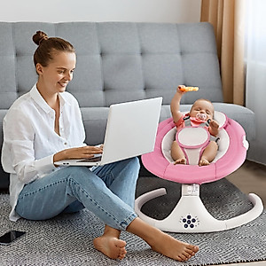 Electric Baby Swing for Infants to Toddler, Portable Baby Rocker Swinger for Newborn Boy and Girls Outdoor Indoor, 5 Swing Speeds Bluetooth Remote Control Music Speaker Lullaby Pink