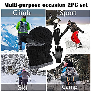 T WILKER 2Pcs Winter Knit Beanie Balaclava Hat Anti-Slip Touch Screen Mittens Set Thermal Ski Mask Cap Unisex for Womens Mens Black