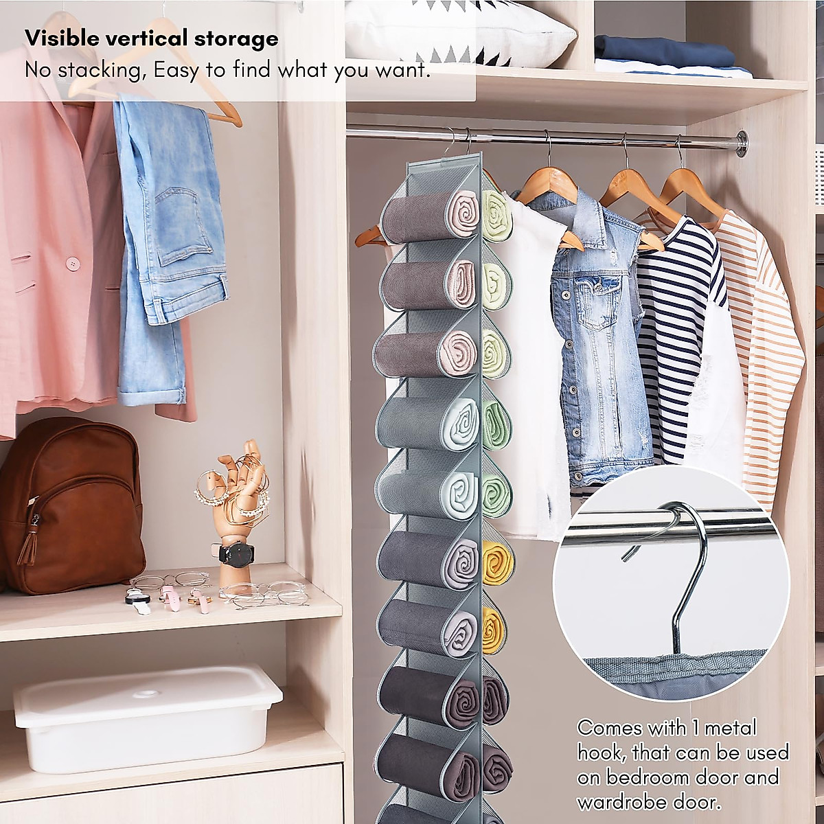 Fixwal 2 Pack Legging Organizer for Closet Hanging Legging Storage Clothes Closets Holder with Mounted Closet System - 40 Compartments for Leggings, Shirts, Bras, Socks, Pants- Grey