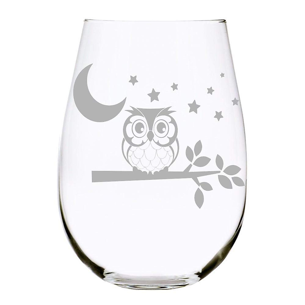 C M Owl with moon and stars stemless wine glass, 17 oz.