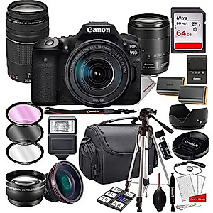 Grace Photo-Canon intl Canon EOS 90D DSLR Camera with 18-135mm is USM Zoom Lens & 75-300mm III Lens Bundle + 64GB Memory, Case, Tripod, Extra Battery and More, Black