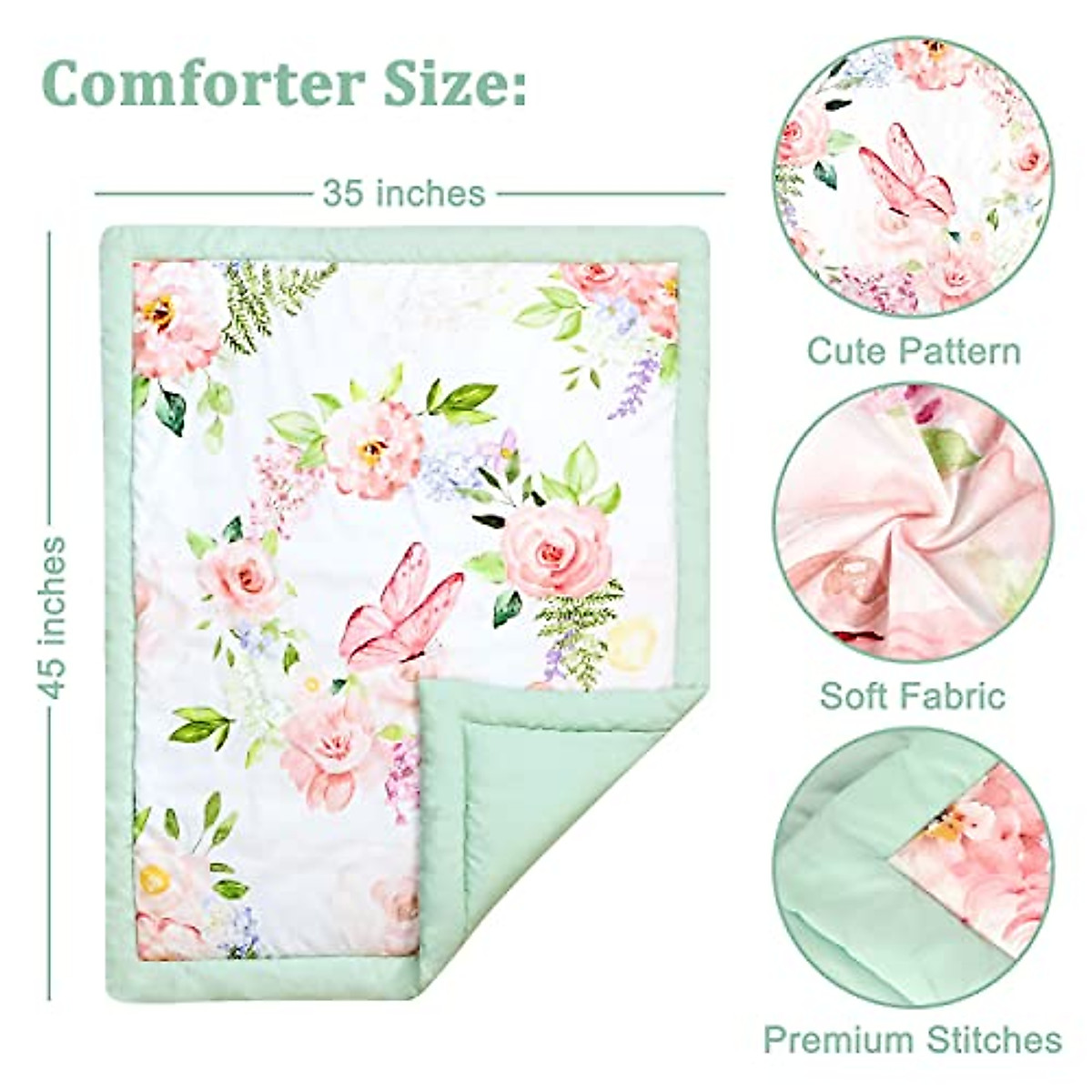 CARUILI 4-Piece Crib Bedding Set, Baby Girl Crib Bedding Set Butterflies Floral Nursery Bedding Set Includes Comforter, Fitted Crib Sheet, Crib Skirt, and Diaper Stacker, Green & Pink