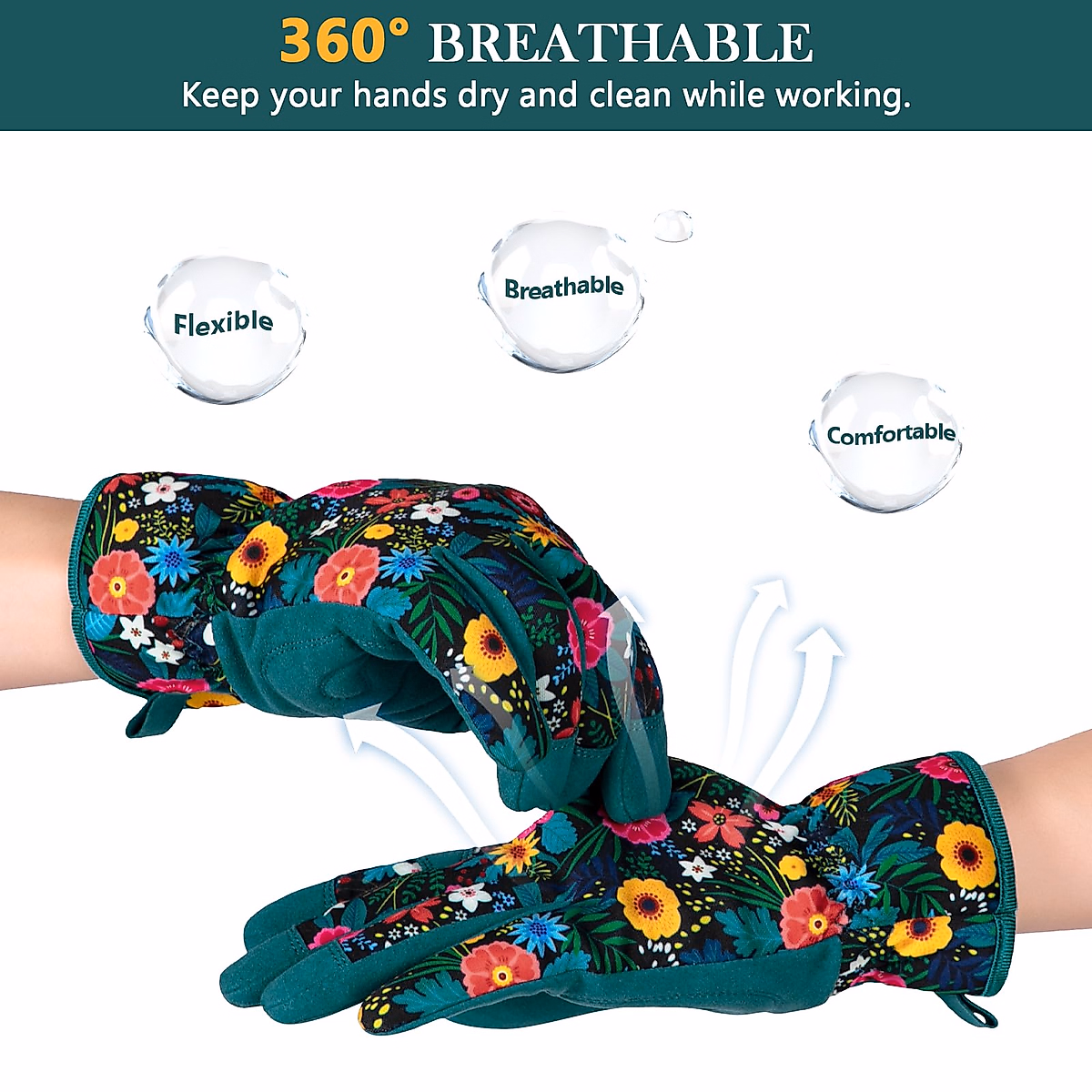 Trifabricy Garden Gloves for Women - Breathable leather Floral Gardening Gloves with Grip, Thorn-Proof Puncture-Resistant Work Gloves for Weeding, Digging, Planting, Raking and Pruning, Green Flower