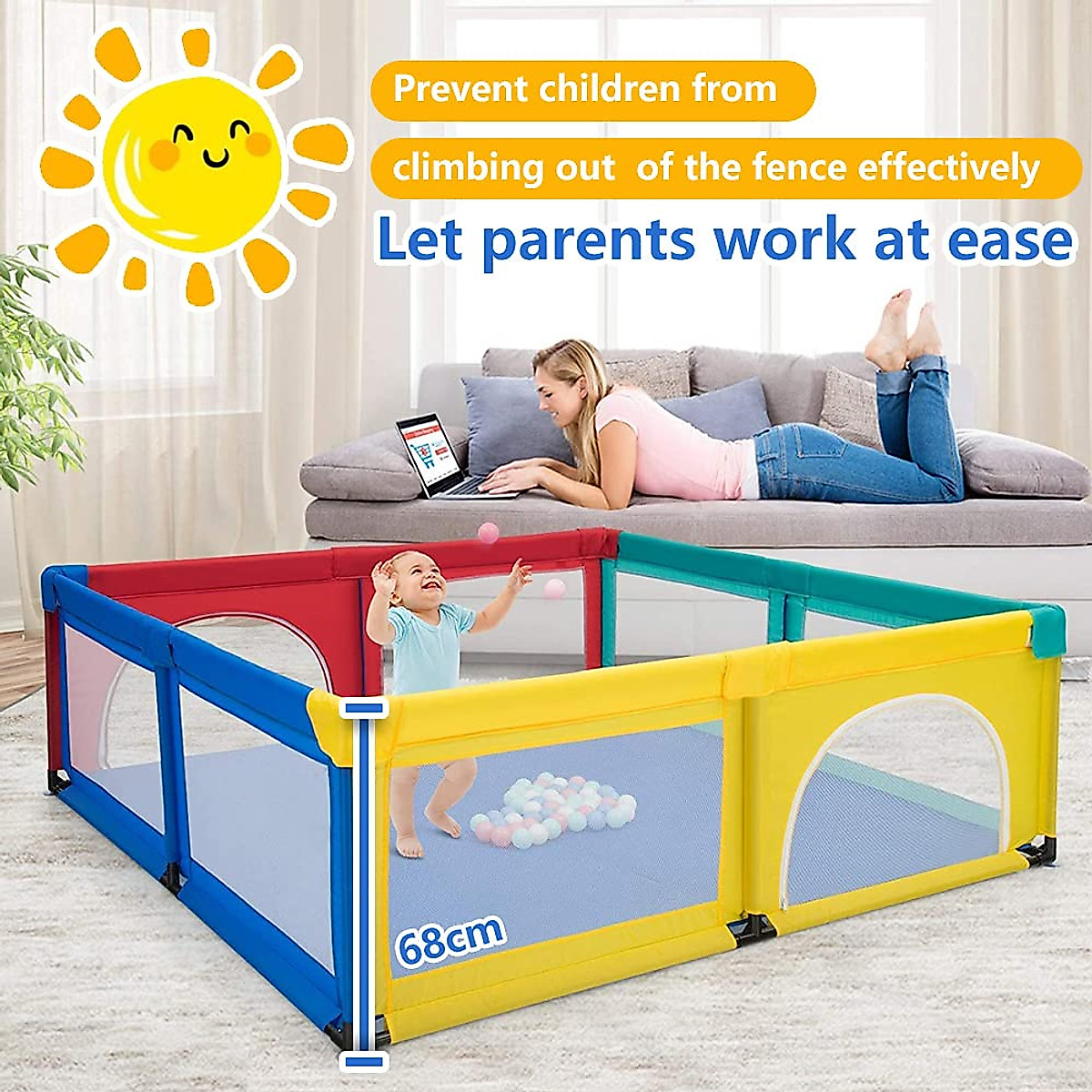 Baby Playpen, Play Pen,Playpen for Babies and Toddlers,Play Yard for Baby, Baby Playard with Safety Gates/ Ocean Balls/Toddler Handle