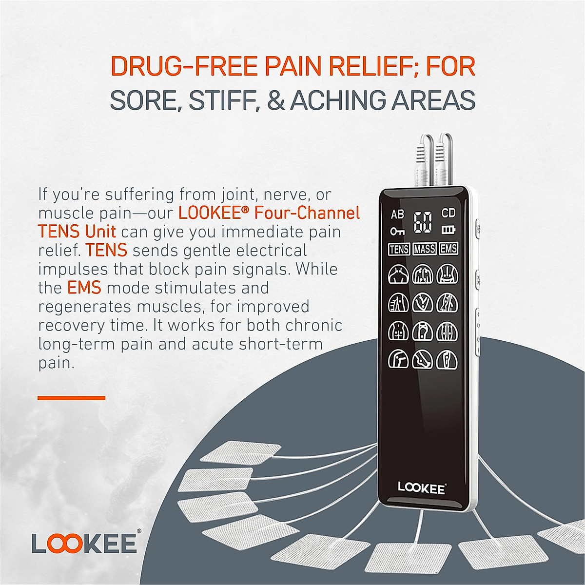 LOOKEE 4-Channel TENS Unit Muscle Stimulator for Pain Relief Therapy - Premium LED EMS Muscle Stimulator with 36 Mode & 40 Intensity Levels - Rechargeable TENS Machine FSA/HSA Eligible