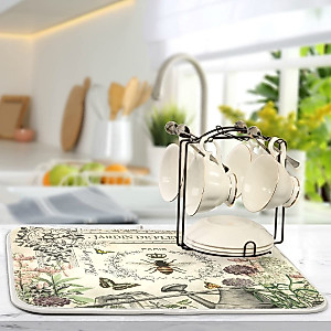 Vintage Bee Garden Dish Drying Mats for Kitchen Counter Reversible Absorbent Polyester Material Large Kitchen Microfiber Mat 18 x 24 Inch