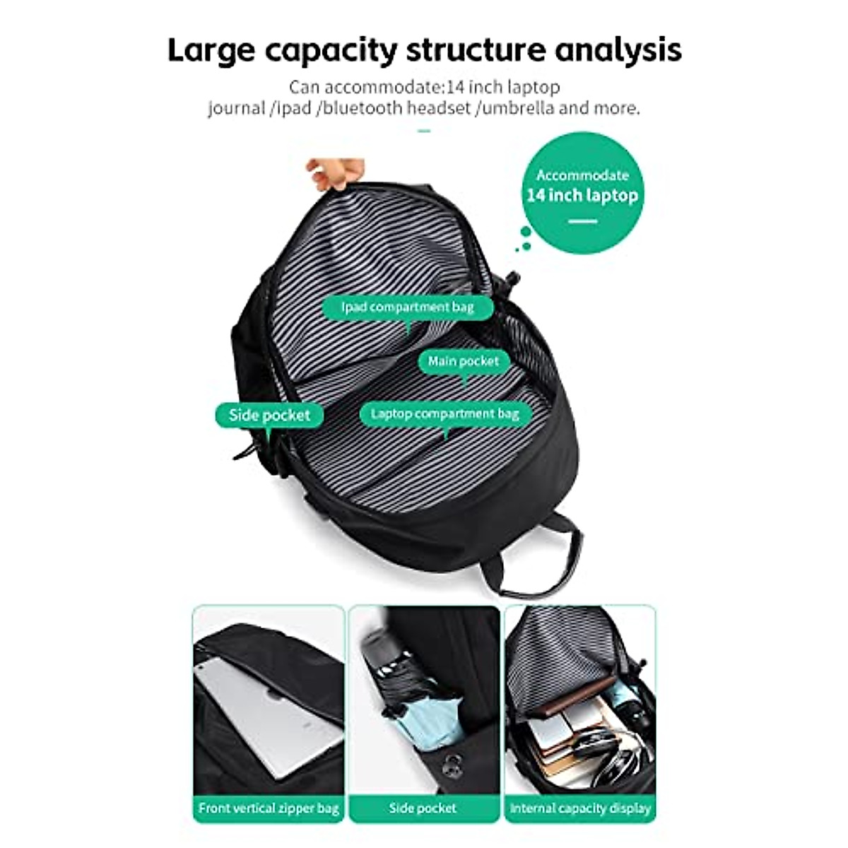 NEWSEE Water Resistant Lightweight Backpack Casual Travel Hiking Backpack Daypack Durable with USB Charging Port (black)