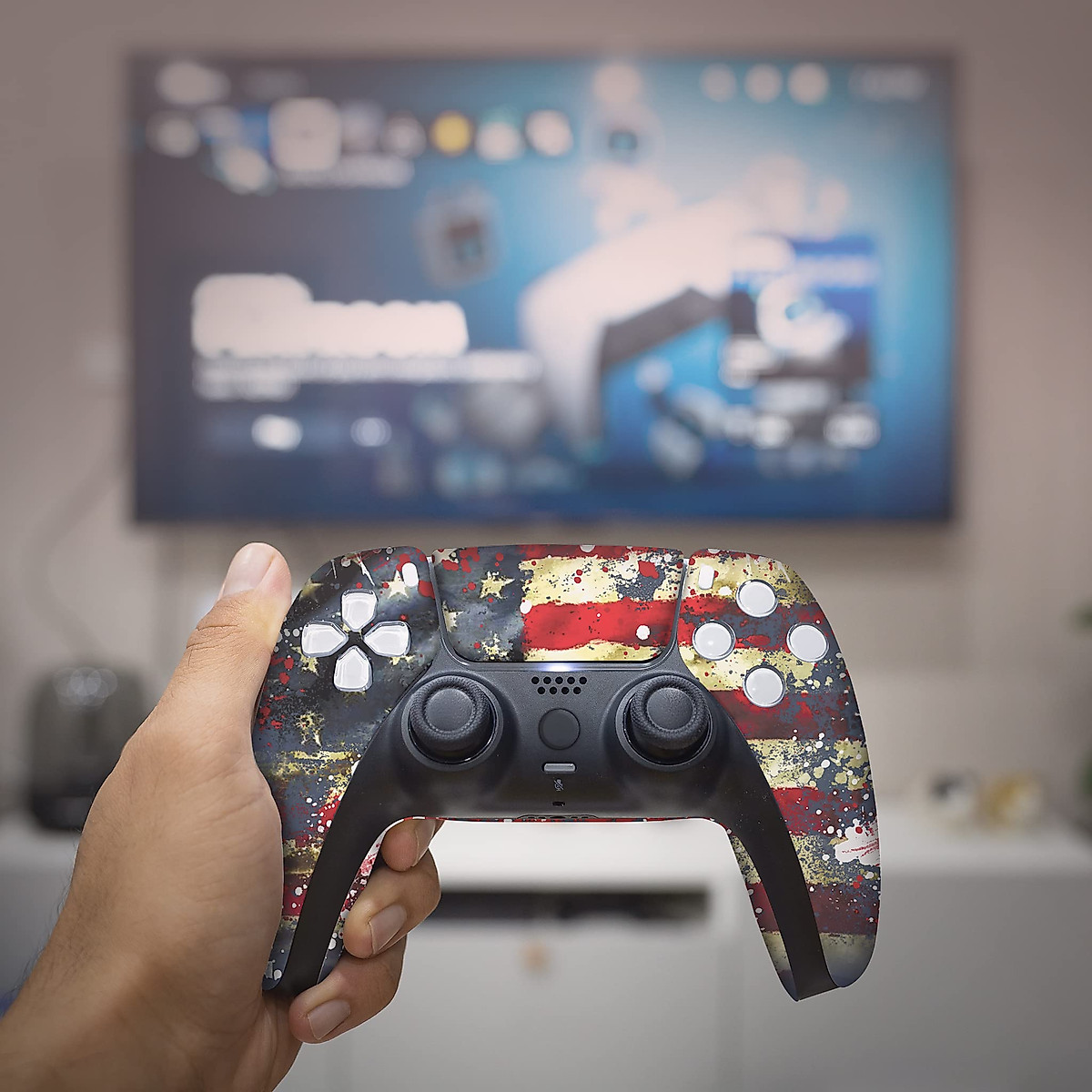 BABY CUDDLE BOX Tattered Flag Custom PS-5 Controller Wireless compatible with Play-Station 5 Console by BCB Controllers | Proudly Customized in USA with Permanent HYDRO-DIP Printing (NOT JUST A SKIN)