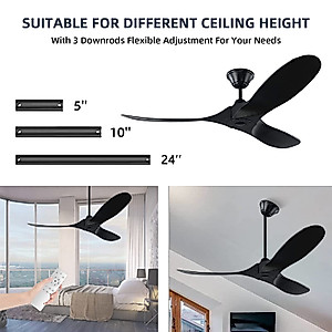 YCGU 60'' Black Ceiling Fan No Light, Outdoor Indoor Wood Ceiling Fan with Remote Control, 3 Solid Wood Blades, Noiseless Reversible Motor, 6-Speed, Easy Install System (60-Inch, Matte Black)