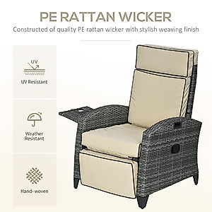 Outsunny Outdoor Recliner Chair with Cushions, PE Wicker Reclining Patio Lounge Chair with Adjustable Footrest, Armrests, Side Tray Table for Balcony, Porch, Khaki